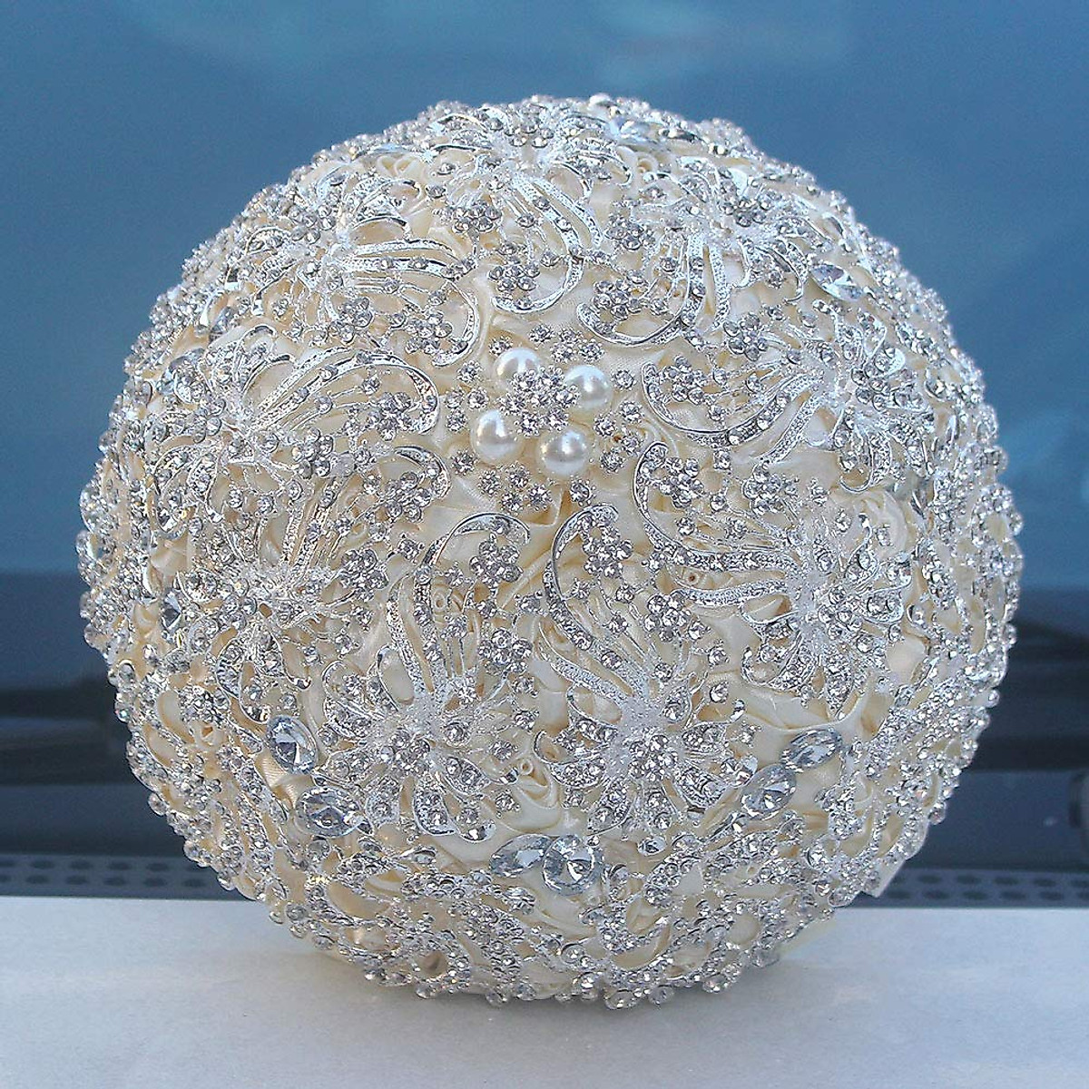 DOTKV Wedding Bouquet with Silver Luxury Artificial Diamond,Set Including Bouquets, Wrist Flowers,Corsage for Your Wedding with Full Hand-Made (Silver+Ivory)