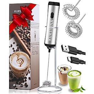 KURSINNA Powerful Rechargeable Milk Frother Handheld, USB-C Charge Foam Maker with 2 Stainless Steel Whisk & Stand, Powerful Mini Mixer Coffee Frother for Frappe, Latte, Matcha (13000RPM USB-C Charge)