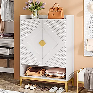 Tribesigns Shoe Cabinet with Doors, 25 Pair Shoe Storage Cabinet with Adjustable Shelves, 6-Tier Modern Wooden Shoe Rack Organizer Cabinet for Entryway, Hallway, Closet, Living Room, White and Gold