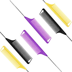 6Pcs Steel Pin Fine Tooth Rat Tail Women's Hair Braiding Combs, Parting Tools for Salon Stylists (Purple, Black, Yellow)