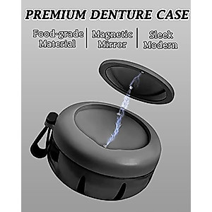 Denture Case, Definitely No-Leak Denture Bath Box for Traveling Perfectly, Denture Cup with Strainer & Magnetic Mirror,Completely Clean Care for Retainer, Mouth Guard, & Denture (BLACK)…