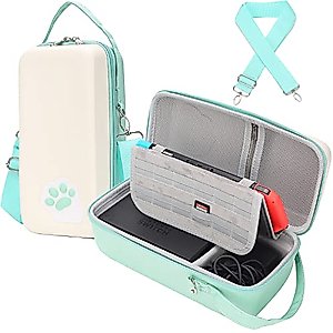 Green Cat Paw Carrying Storage Case for Nintendo Switch/Switch OLED Model, Portable Travel All Protective Hard Messenger Bag Soft Lining for Switch Console, Pro Controller, Accessories.