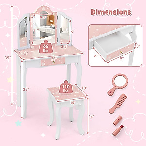 Costzon Kids Vanity, Girls Vanity Set with Mirror and Stool, Children Makeup Dressing Table with Drawer, Pretend Play Kids Vanity Table and Chair Set (Pink Snowflake Print)