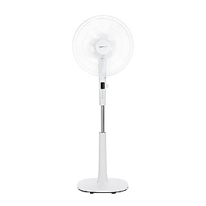 Amazon Basics 16-Inch 12-Speed Pedestal Floor Fan, Standing Fan for Home, with Oscillating Dual Blades, Remote Control, Ultra Quiet and Energy-Efficient DC Motor, Timer, Tilted Head, White