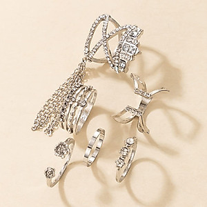 Octwine Boho Vintage Knuckle Stacking Tassel Rings Set for Women Teen Girls Finger Rings Stackable Silver Rhinestones Rings Set Multiple Rings for Women 6PCS