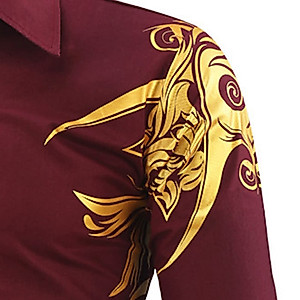 Mens Print Button Down Dress Shirt Shiny Golden Printed Long Sleeves Shirts Casual Floral Nightclub Shirt Costume (Dark Red,Medium)