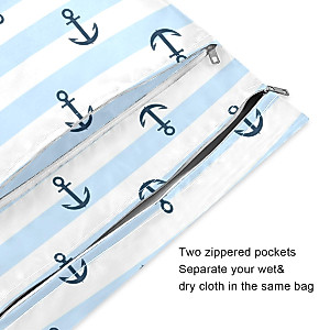 Waterproof Wet Dry Bag 2 Pack Nautical Anchor Stripe Pattern Cloth Diaper Bag Organizer Pouch Set with Zipper Pocket Washable Wet Bag for Travel Hiking Swimsuit