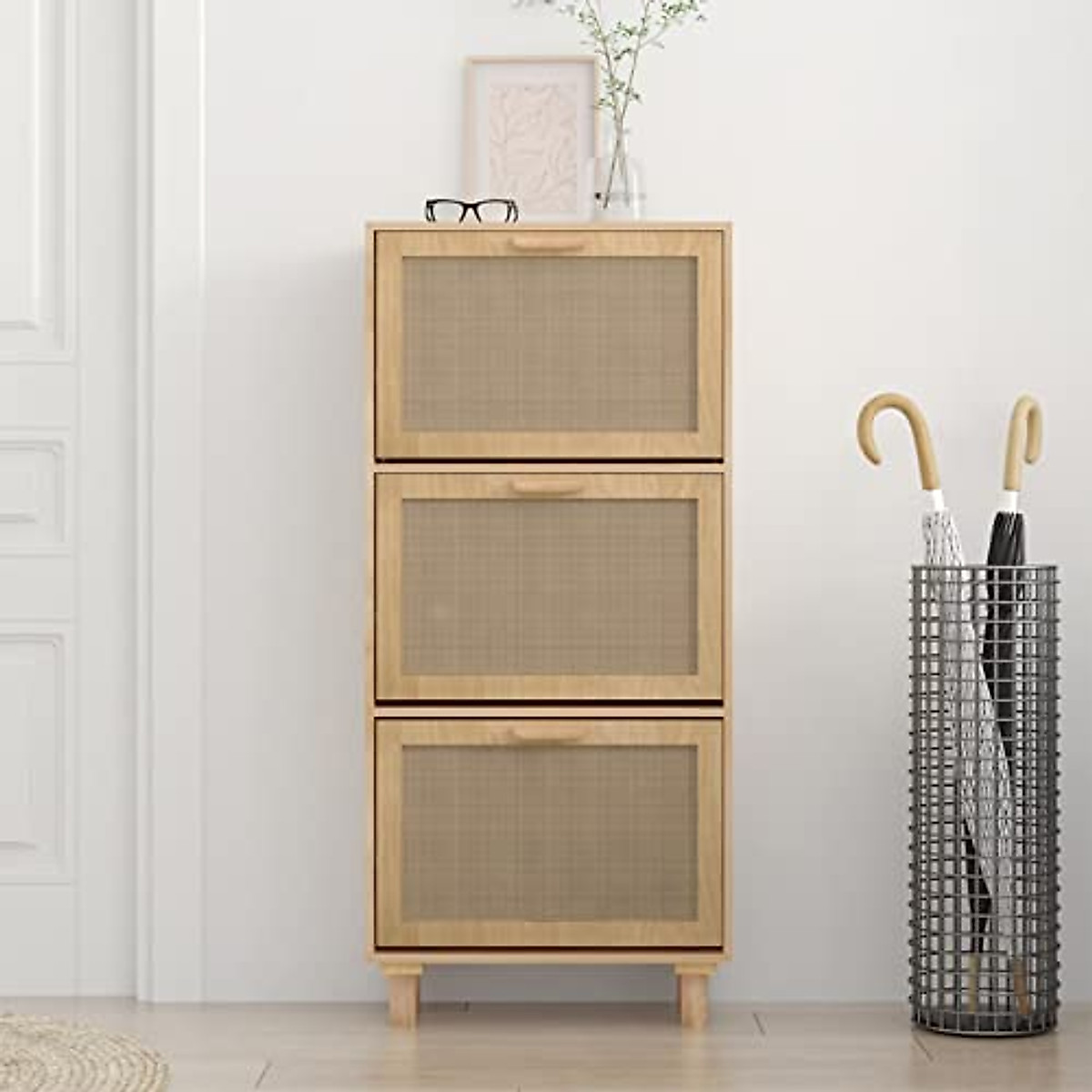 Wekity Shoe Storage Cabinet, Rattan Shoe Cabinet with 3 Flip Drawers, Narrow Free Standing Shoe Cabinet for Heels Slippers Boots, Wood Shoe Cabinet for Entryway Hallway 10X21X45Inch (Nature)