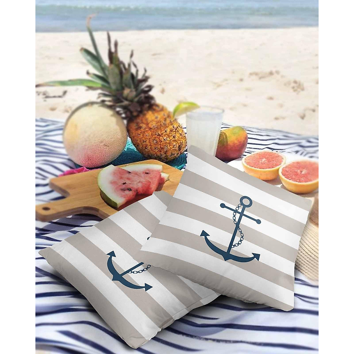 Outdoor Waterproof Pillow Covers for Patio Blue Nautical Anchor Chain Decorative Throw Pillow Cover Beige White Stripes Pillowcases Set of 2 Cushion Case for Sofa Couch Chair Home Decor 20x20 inch