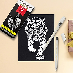 MARTCOLOR White Gel Pens Set, 6 Pack, 0.8mm Fine Point Pens Gel Ink Pens For Artists, Archival Ink Pens, White highlight Pens for Black Paper Drawing, Illustration, Sketching, Writing