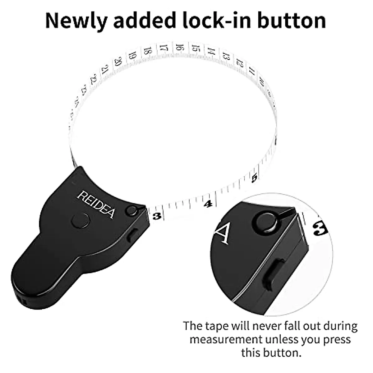 Body Tape Measure 60in with Clip-n-Lock & Eject (Pop Up Release) Button & Rebound Buckle, Ergonomic and Portable Design, 60inch/150cm, Upgraded Version, REIDEA M2, Black