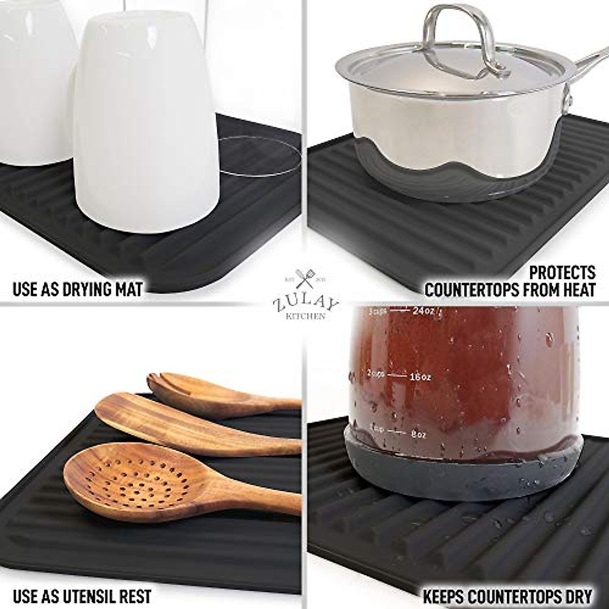 Zulay 2 Pack (9"x12") Silicone Trivets for Hot Pots and Pans - Multi-Purpose & Versatile Trivet Mat - Heat Resistant Silicone Trivet - Durable & Flexible Hot Pads for Kitchen Counter - Black