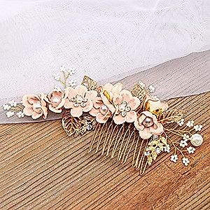 Hair Side Combs Bride Wedding Hair Comb Flowers Pearl Bridesmaids Hair Piece Accessories Vintage Bridal Hair Clips for Women and Girls (Pink)