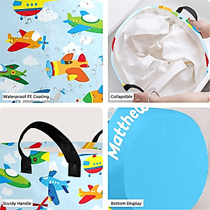 Personalized Laundry Basket Hamper,Airplane Blue Clouds,Collapsible Storage Baskets with Handles for Kids Room,Clothes, Nursery Decor