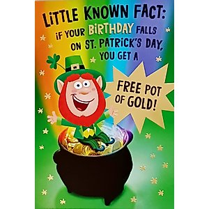 Greeting Card Happy Birthday and Happy St. Patrick's Day Pot of Gold At The End of The Rainbow with Leprechaun