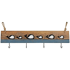Deco 79 Wood Handmade Distressed 4 Hanger Wall Hook with White Whales and Hanging Rope, 34" x 2" x 13", Brown