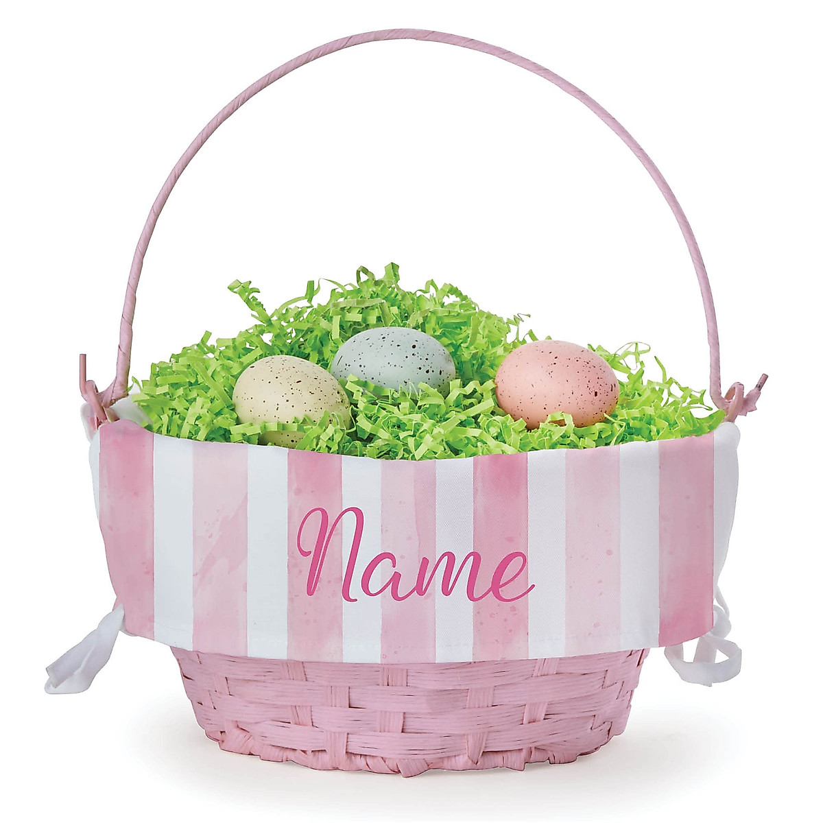 Personalized Easter Egg Basket with Handle and Custom Name | Pink Striped Easter Basket Liners | Pink Basket | Woven Easter Baskets for Kids | Customized Easter Basket | Personalized Gifts for Easter
