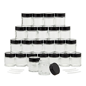 Juvale 24 Pack Small Glass Containers with Lids 1 oz, Empty Jars with 6 Spatulas for Creams, Cosmetics, DIY Ointments, Mixing (30ml)
