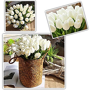 30pcs Real Touch Tulips PU Artificial Flowers, Fake Tulips Flowers for Arrangement Wedding Party Easter Spring Home Dining Room Office Decoration. (White, 14" Tall)