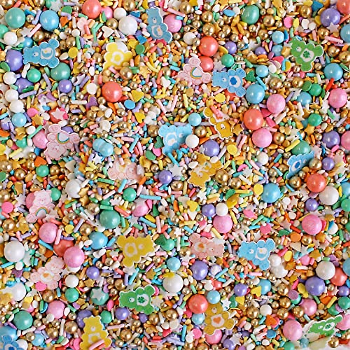Care Bears® Sprinkle Mix| Pastel Rainbow Sprinkles Blend| Vintage Rose Gold Chocolate Crispies Dragees| Care Bear Wafer Paper Toppers| Cake Cupcake Cookie Sprinkles| Ice Cream Candy Sprinkles| 4 oz.
