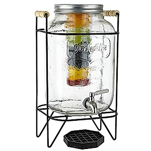2 Gallon Glass Beverage Dispenser with Ice and Fruit Infusers, Metal Wire Stand with Wooden Handles, Drip Tray and Stainless Steel Spigot- Mason Drink Dispenser for Iced Tea, Kombucha, Infused Water