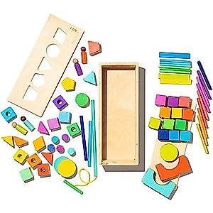 The Block Set by Lovevery – Solid Wood Building Blocks and Shapes + Wooden Storage Box, 70 Pieces, 18 Colors, 20+ Activities