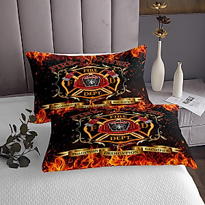 3 Piece Firefighter Theme Quilt Bedding Set Women Aldult Lightweight Bedding Burning Flame Bedspread Set Fireman Sign Bedspread Coverlet Soft Microfiber Home Quilt Set for King Bed All Season