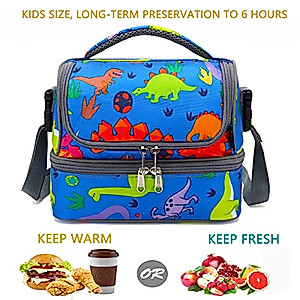 FlowFly Kids Double Decker Cooler Insulated Lunch Bag Large Tote for Boys, Girls, Men, Women, With Adjustable Strap, Dinosaur