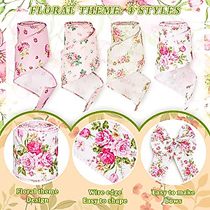 Whaline Floral Wired Edge Ribbon 4 Rolls Rose Flower Pattern Ribbon Spring Summer Fabric Decorative Craft Ribbon Roll for Gift Wrapping Decor Hair Bow Sewing Wreath Crafts, 20 Yard x 2.5 Inch