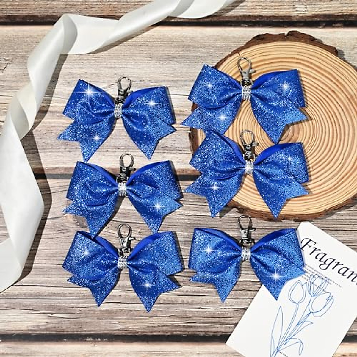 Aileam 6 PCS Cheer Bow Key Chain Glitter Blue Hair Bow with Rhinestones & Sequin for Girls Sports Cheerleader Accessories