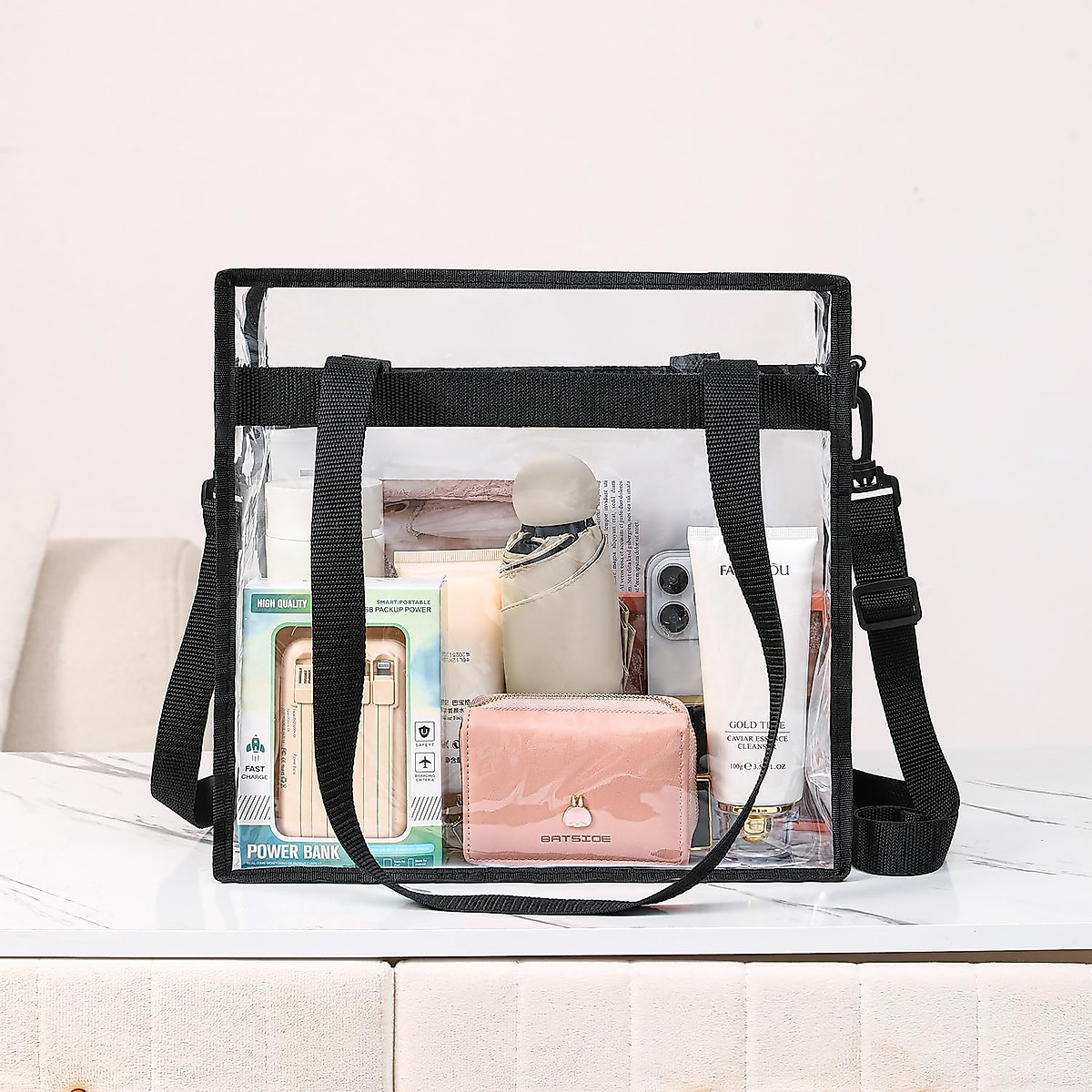 BAGAIL Clear bags Stadium Approved Clear Tote Bag with Zipper Closure Crossbody Messenger Shoulder Bag with Adjustable Strap(12 Inch X 12 Inch X 6 Inch,Black)