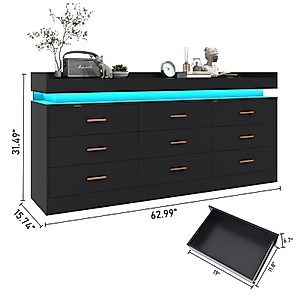 jiteentarou 9 Drawer Dresser with Charging Station and LED Lights, Modern Chest of Drawers with Power Outlet, Organizer Cabinet for Bedroom, Living Room, Entryway, Black