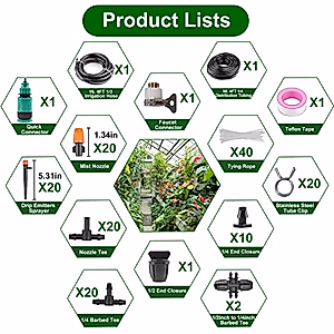 AUMIO Drip Irrigation Kit 115FT Garden Irrigation System 1/4" 1/2” Blank Distribution Tubing Watering System Adjustable Nozzle Automatic Irrigation Equipment for Greenhouse, Flower Bed, Patio, Lawn