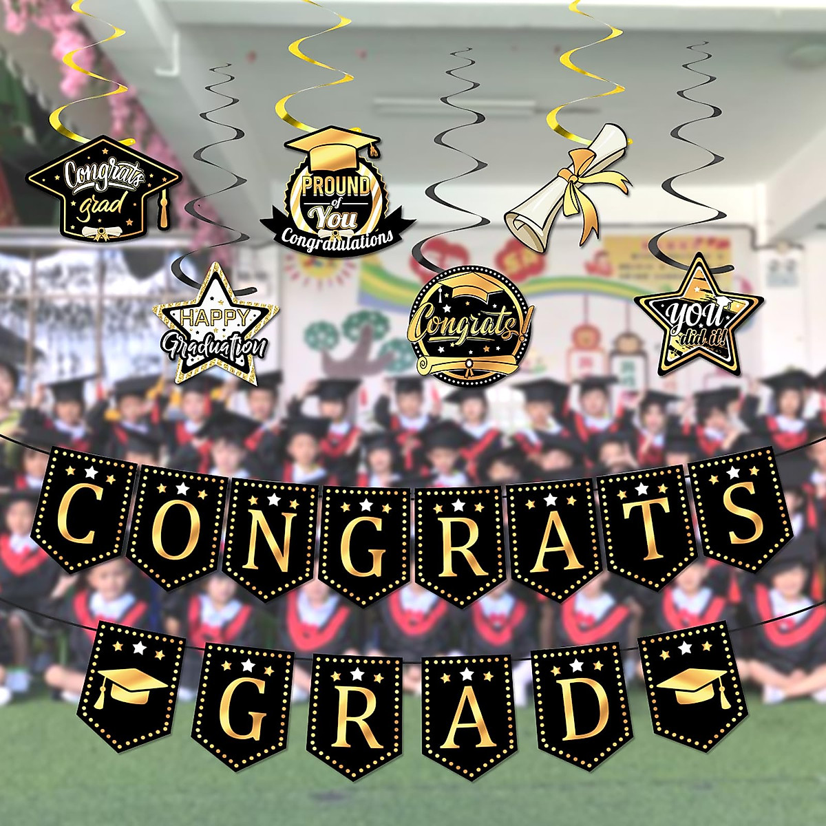 DONCIDAY Congrats Grad Banner Black and Gold, 2024 Graduation Hanging Swirls Graduate Sign for Classroom Decorations