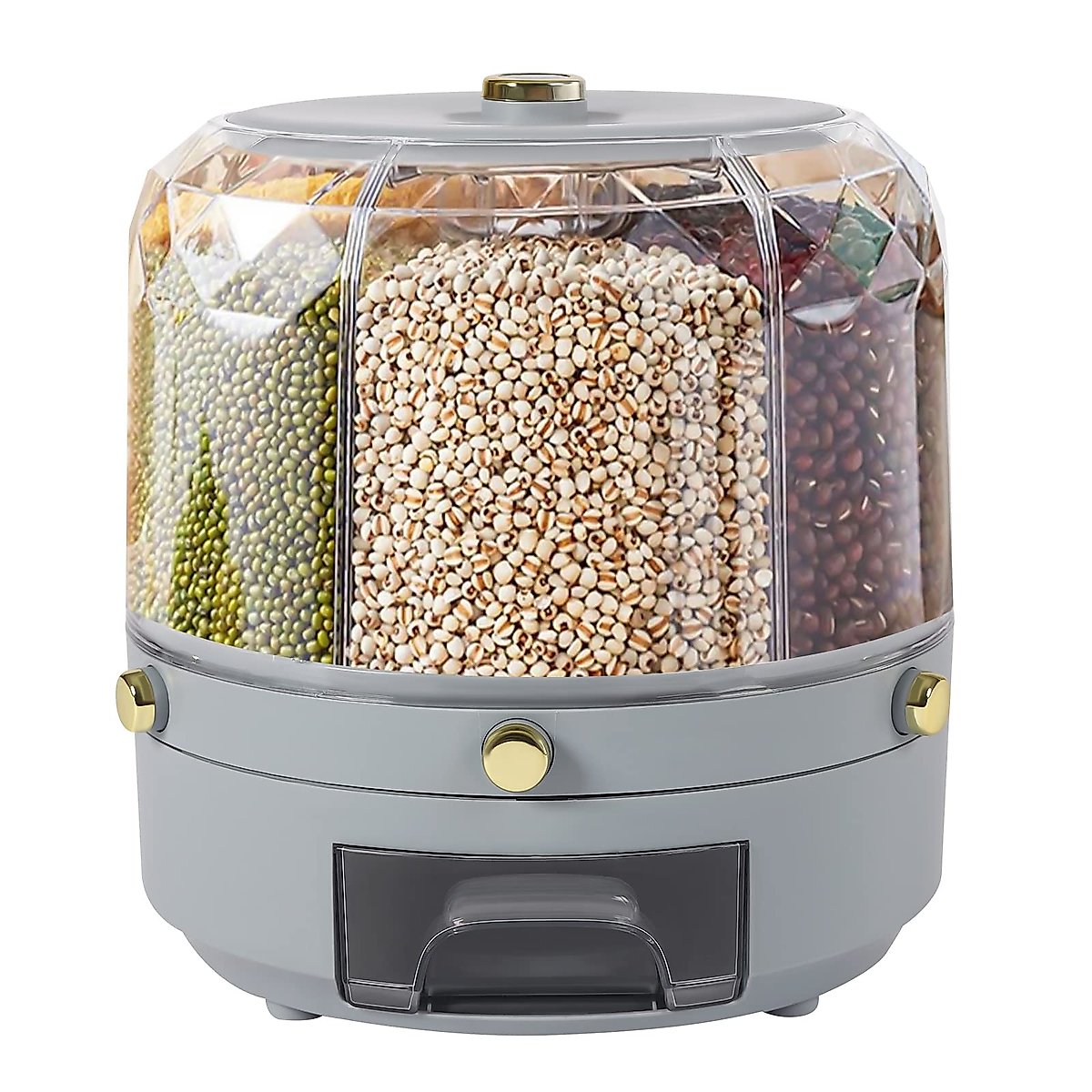 LUGBING One-Click Rice Output Food Containers, 360° Rotatable Grain Separate Storage Box 6 Grid Household Kitchen Storage Container for Rice, Beans, Grains Rotating Rice Dispenser