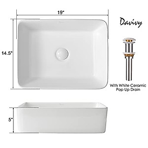 Davivy 19''X 14.5'' Rectangle Vessel Sink with Pop Up Drain,Bathroom Vessel Sinks,White Vessel Sink,Bathroom Sinks Above Counter,Ceramic Vessel Sink,Counter Top Sink,Sink Bowls for Bathroom