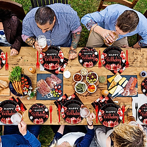 200Pcs Red and Black Birthday Party Tableware Set Confetti Sprinkles Happy Birthday Supplies Red and Black Paper Plates and Napkins Forks for Man and Woman Birthday Party Decorations for 50 Guests