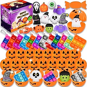 48 Halloween Toys Pack with Pumpkin Box, Halloween Party Favors Gifts for Kids, Squishy Mochi Toys in Bulk with Bubble Push it Keychain, Halloween Treat Bags Fillers, Trick or Treat Classroom Prizes