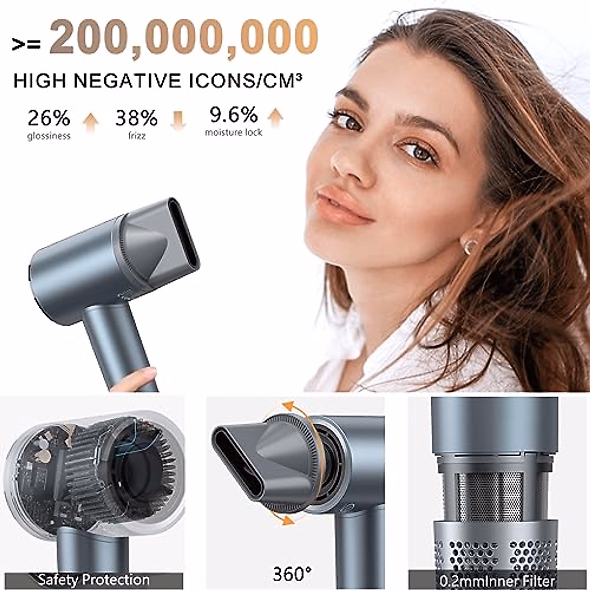 Hair Dryer, High-Speed Blow Dryer with 110000RPM Brushless Motor, Release 200 Million Negative-Ion for Professional Hair Care, Thermo-Control Compact Hairdryer for Salon/Travel