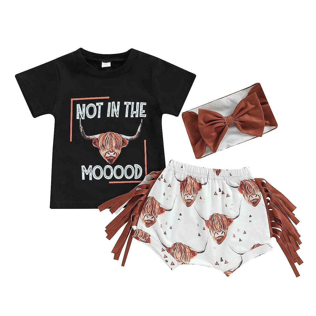 Western Baby Girl Clothes Fringe Shirts Cow Girl Print Top and Shorts Cute Toddler Summer Country Outfits (B Tassel Shorts Black,6-12 Months)