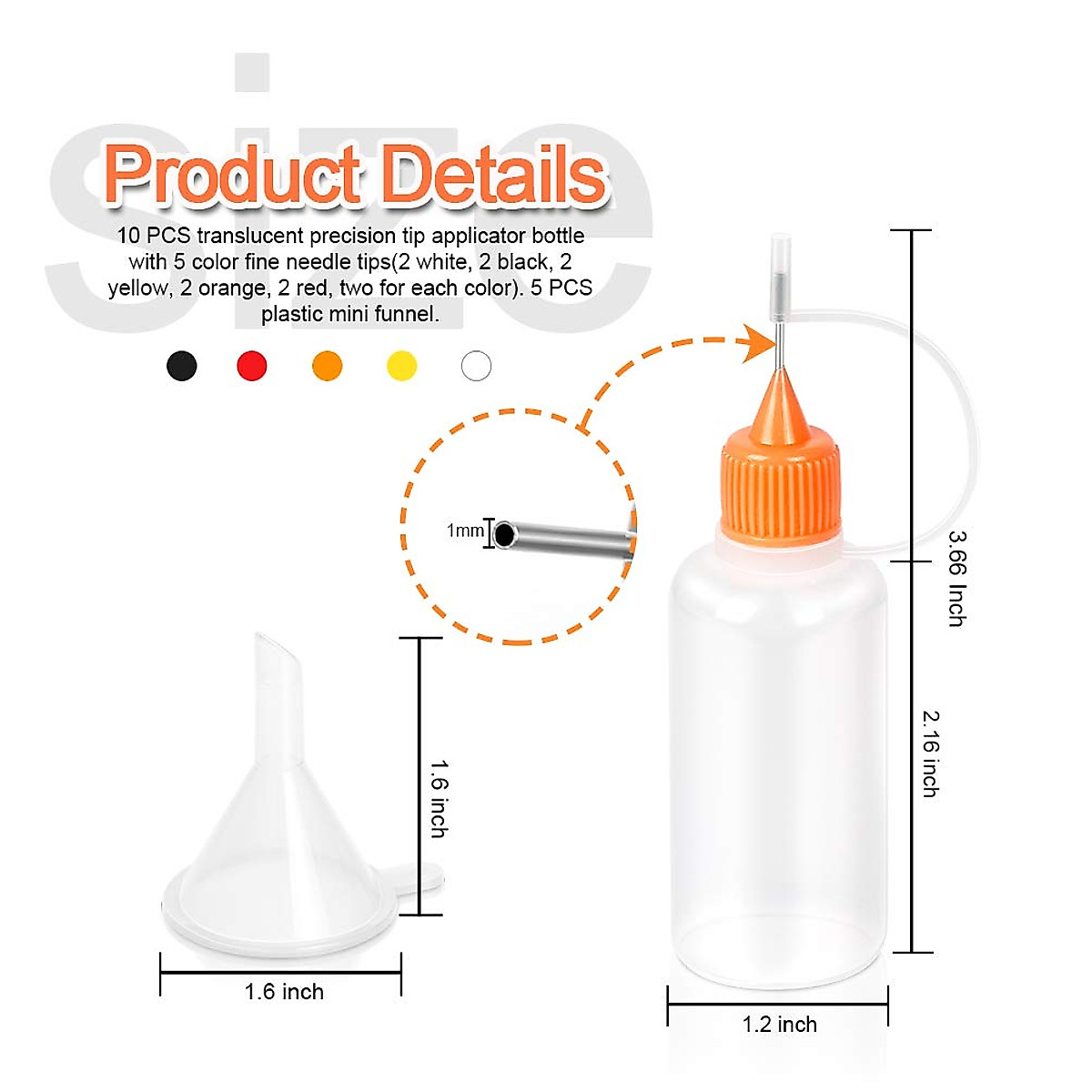 Fandamei 10 PCS Precision Tip Applicator Bottle, 5 Color Glue Applicator Bottle with 5PCS Mini Funnel, 30ml/1 Ounce Fine Needle Tip Squeeze Bottle for Alcohol Ink DIY Quilling Craft Acrylic Painting