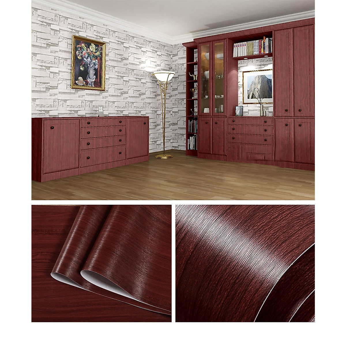 Self Adhesive Vinyl Film Textured Mahogany Wood Grain Contact Paper Shelf Liner for Kitchen Cabinets Shelves Drawer Countertop Table Furniture Arts Crafts Decal 17.7x117 Inches