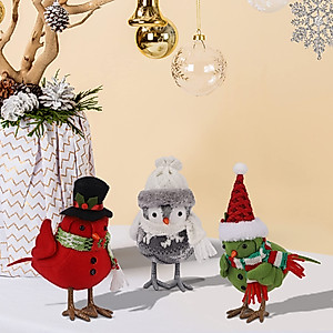 Prsildan Christmas Table Decorations Birds, Set of 3 Christmas Bird Figurine Table Top Decor, Green Red Gray Xmas Birds Ornaments for Winter Home Kitchen Fireplace Mantel Holiday Party