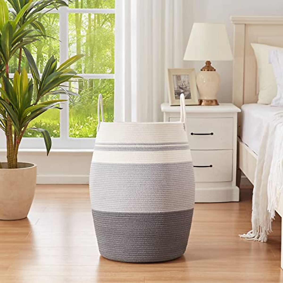 OIAHOMY Laundry Hamper Woven Rope Large Clothes Hamper 25.6" Height Tall Laundry Basket with Extended Handles for Storage Clothes Toys in Bedroom, Bathroom, Foldable (Dark Grey)