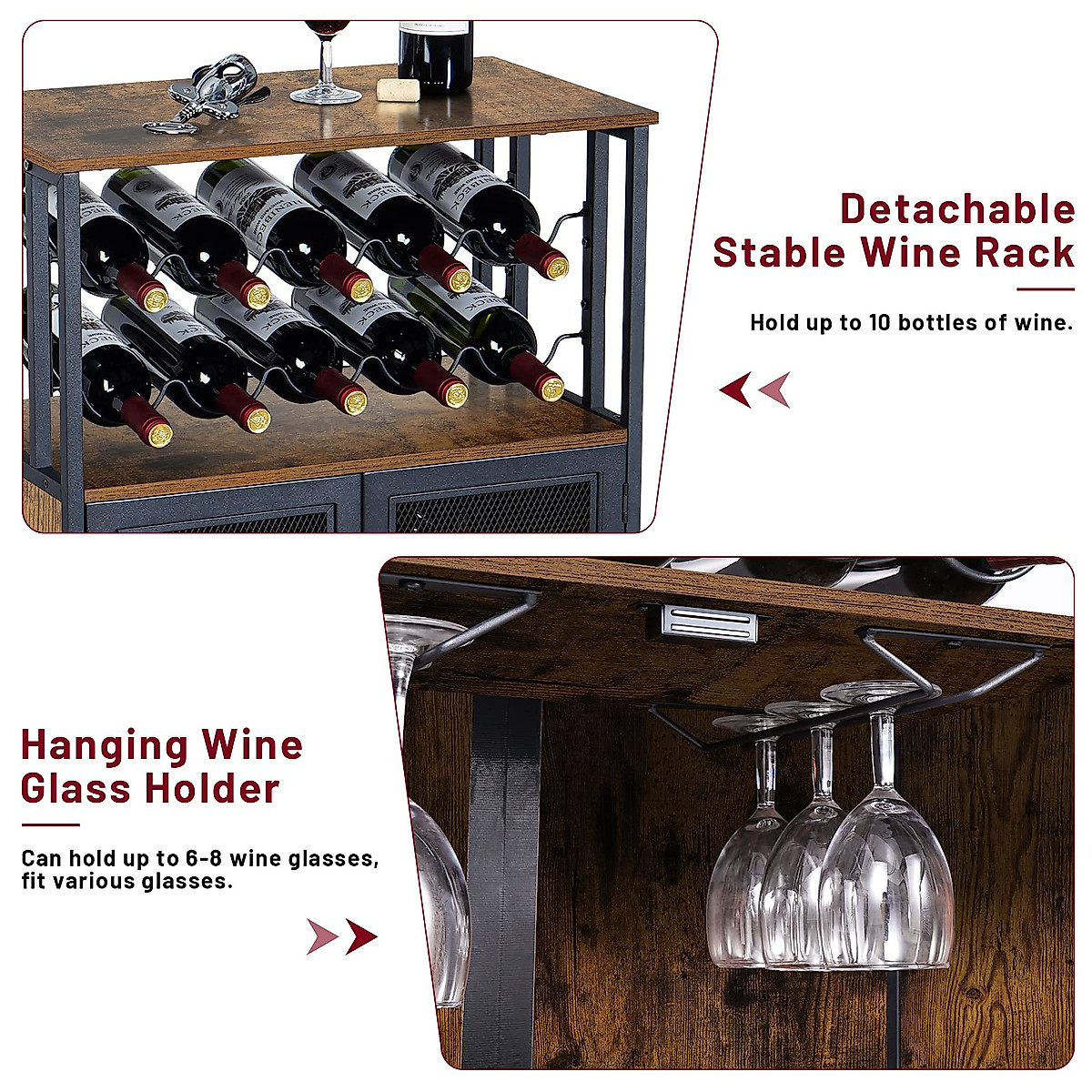 Bennio Brenny Wine Bar Rack Cabinet with Detachable Wine Rack, Liquor Cabinet, Bar Cabinet with Glass Holder, Metal Sideboard Buffet Storage Cabinet with Mesh Door