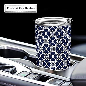 sanluoli Unique Design Dark Blue Flowers Stainless Steel bottle with straw with Straw Leak Resistant Flip coffee travel mug for outdoor simply insulated coffee tumbler 20 OZ