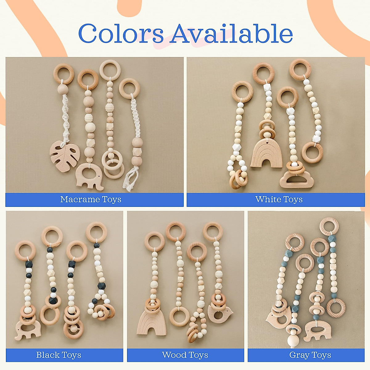 Poppyseed Play Wooden Baby Play Gym, Foldable Frame w/Hanging Bar, Tied Cotton Cord & Wooden Toys, Gender Neutral Baby Activity Set, Easy to Assemble (White Wood, Macrame Toys)