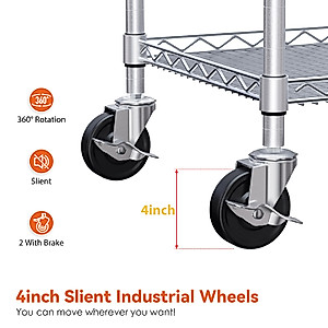 WDT Heavy Duty 3 Tier Rolling Utility Cart, Kitchen Metal Utility Carts with Handle Bar, Utility Shelf Plant Display Shelf Food Cart Storage Trolley with Wheels, Silver