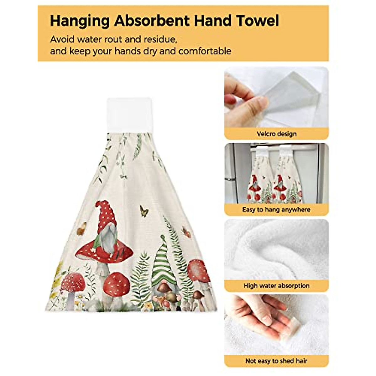 Mushroom Gnomes Hanging Kitchen Towels 2 Pack, Hand Towels with Hanging Loop for Bathroom, Spring Floral Teal Botanical Rustic Burlap Kitchen Hand Towels Absorbent Dish Cloths Tie Dry Towel 18"x14"