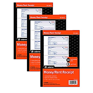 Adams Money and Rent Receipt Books New Color Cover, 3 Part Carbonless, 3 Pack, 7-5/8" x 10-7/8", Spiral Bound, 100 Set Book, 4 Receipts per Page reciept Book Booklet (TC1182 -E)